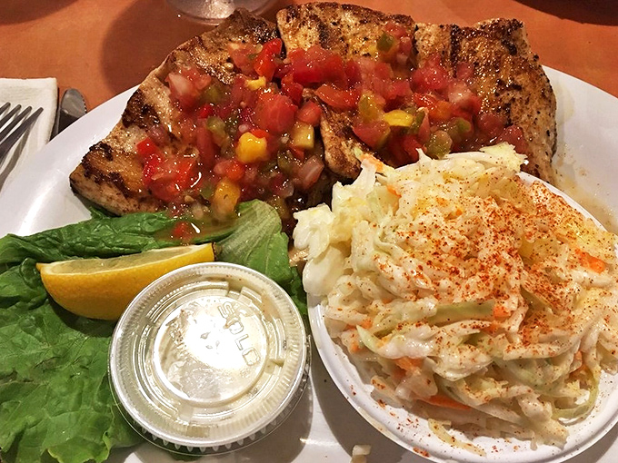 Blackened mahi-mahi topped with fresh salsa is the Florida equivalent of hitting the culinary lottery&mdash;especially with that perfectly spiced coleslaw riding shotgun.