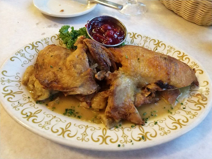 Duck so tender it practically confesses its life story. Served with cranberry sauce that cuts through the richness like a sweet-tart superhero.