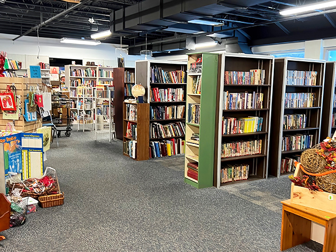 Bibliophiles rejoice! These well-organized shelves hold everything from dog-eared paperbacks to coffee table tomes waiting for their second chapter.