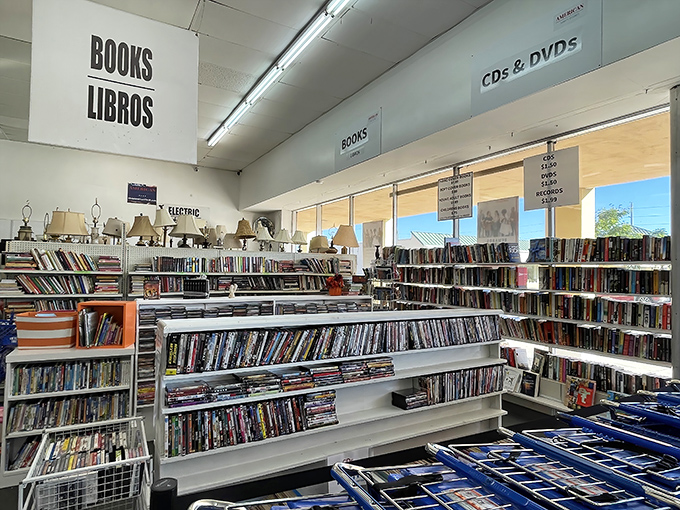 The bilingual "Books/Libros" section&mdash;where literary treasures and forgotten bestsellers wait patiently for their second chapter in someone's home.