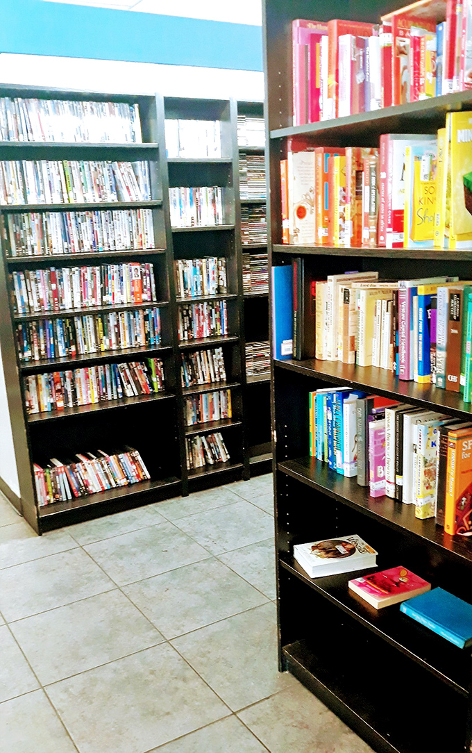 Books and DVDs as far as the eye can see. Come for a paperback, leave with an entire library and season three of that show you missed.