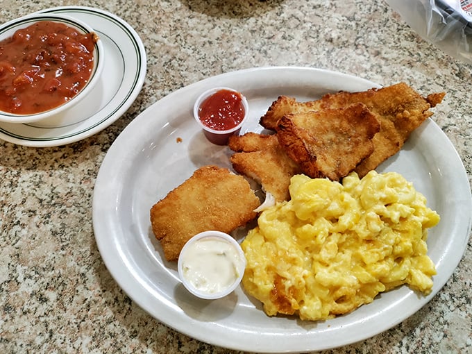 Golden-fried haddock that crackles with each bite, alongside creamy mac and cheese. Comfort food squared—mathematically proven to improve any day.