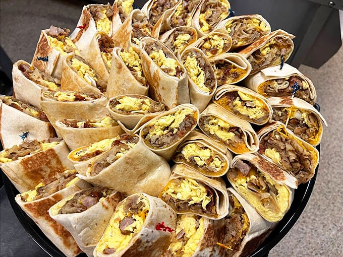 Breakfast wrap platters that look like edible party trays &ndash; sharing optional but not recommended.