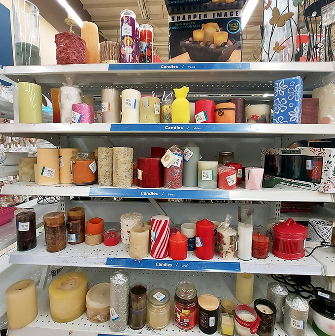 Candle heaven! From barely-burned pillars to festive holiday tapers, enough wax to illuminate a medieval castle or romantic dinner.