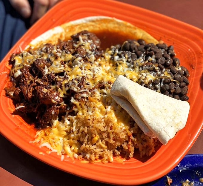 Carne adovada that's been slow-cooked until it practically surrenders to your fork. Paired with rice, beans, and a tortilla for the DIY taco enthusiast.