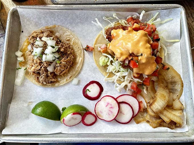 A study in contrasts: carnitas bringing porky richness while the fish taco offers lighter, crispy delights. The lime wedge isn't optional&mdash;it's essential.