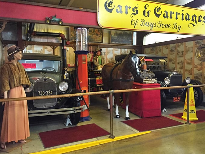 The "Cars & Carriages" exhibit transports visitors to a bygone era. Even the mannequin looks impressed by that vintage Ford's gleaming restoration.