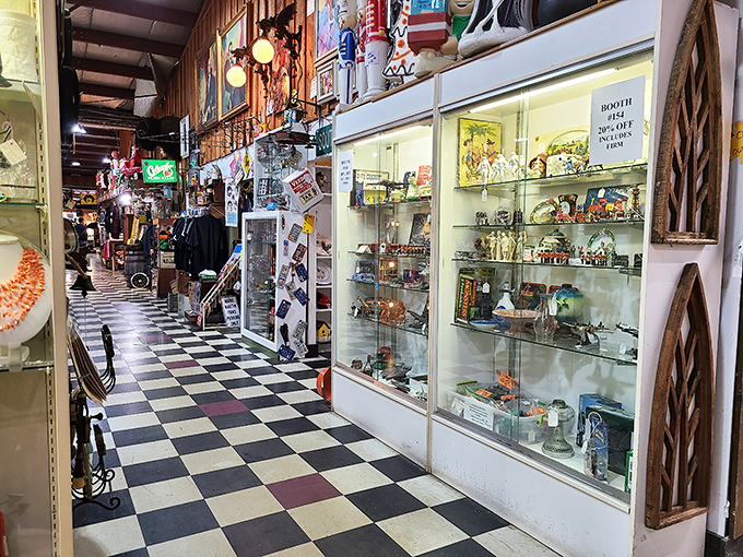 Display cases gleaming with yesterday's treasures. Each shelf is like a time capsule, meticulously arranged to showcase decades of American craftsmanship.