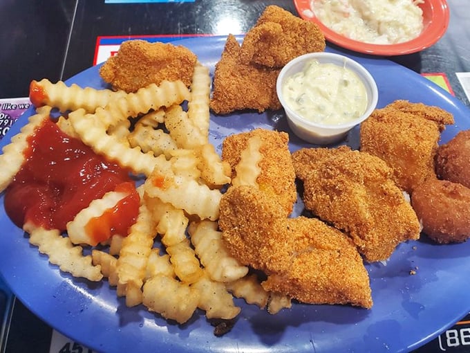 Golden-fried perfection meets crinkle-cut nostalgia. This plate doesn't need fancy garnishes when the basics are done this well.