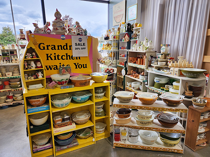 "Grandma's Kitchen Awaits You" indeed &ndash; a sunshine-yellow display of Pyrex patterns that would make Betty Crocker weep with joy.