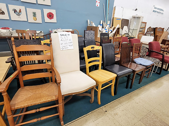 A lineup of chairs having a family reunion. From rocking to dining, each with character and stories, waiting for their next chapter.