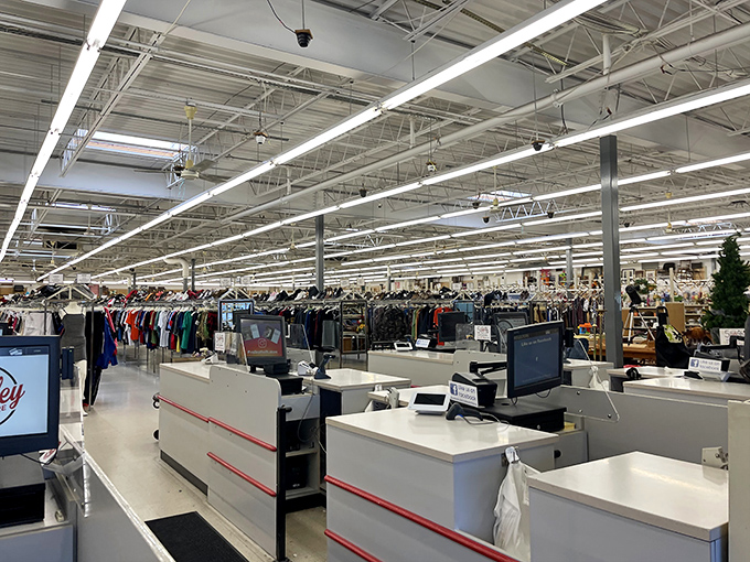 Modern efficiency meets vintage shopping&mdash;these checkout counters process treasures from decades past with contemporary speed.