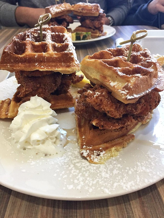 Chicken and waffles: where breakfast meets lunch, sweet meets savory, and your diet meets its temporary demise. Worth every calorie!