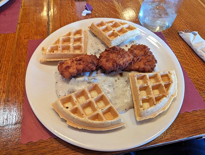 Chicken and waffles: the breakfast equivalent of a perfect marriage. Golden, crispy, and surrounded by maple-ready waffle quarters.