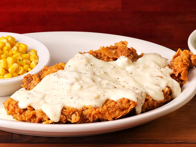 Southern comfort transformed into a crispy, creamy masterpiece. That country gravy blanket makes everything underneath feel special.