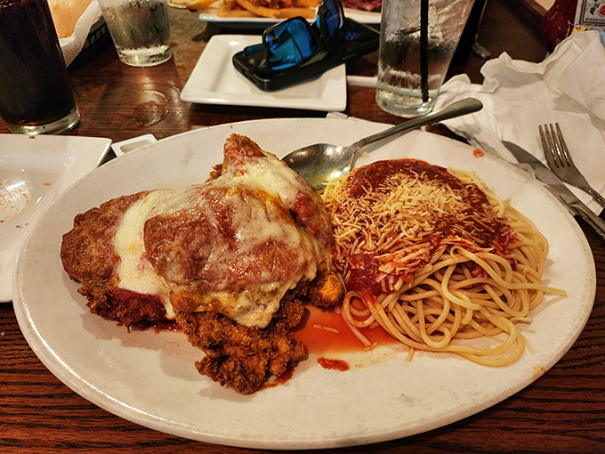 Chicken Parmesan that achieves the impossible: a crispy exterior that stays that way despite swimming in that glorious red sauce.