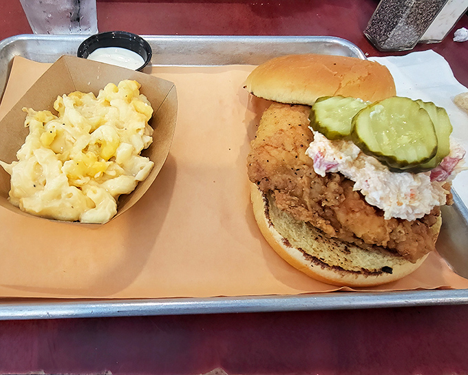 The ultimate comfort food marriage: creamy mac and cheese alongside a chicken sandwich that puts fast food versions to absolute shame.