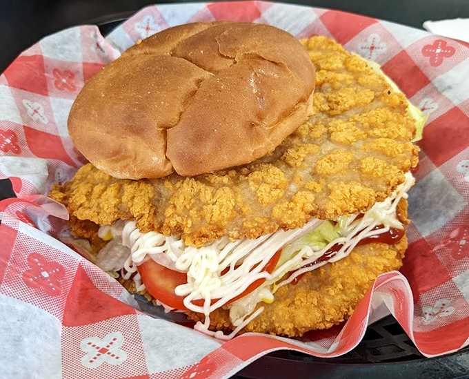 The Texas Tenderloin sandwich: where the breaded pork extends well beyond the boundaries of both the bun and reasonable portion sizes.