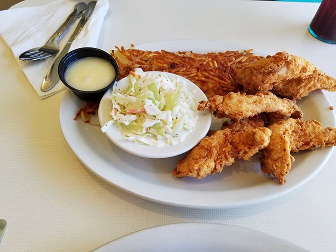 Chicken tenders that actually taste like chicken&mdash;revolutionary concept! Paired with hash browns that could make a potato farmer weep with pride.