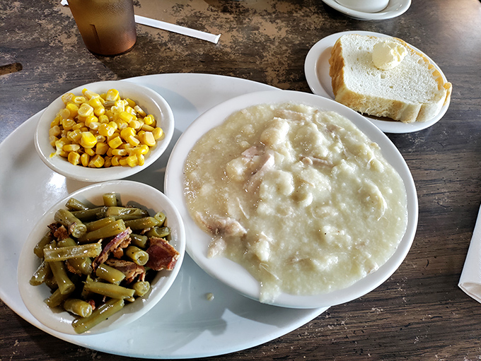 Chicken and dumplings with sides that look like Sunday dinner decided to visit Tuesday.