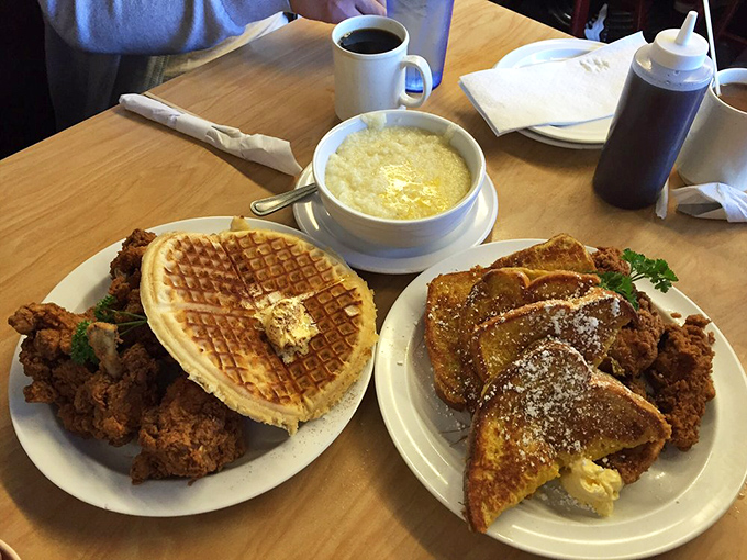 The chicken and waffle combo that launched a thousand food pilgrimages. Notice the grits standing by for moral support.