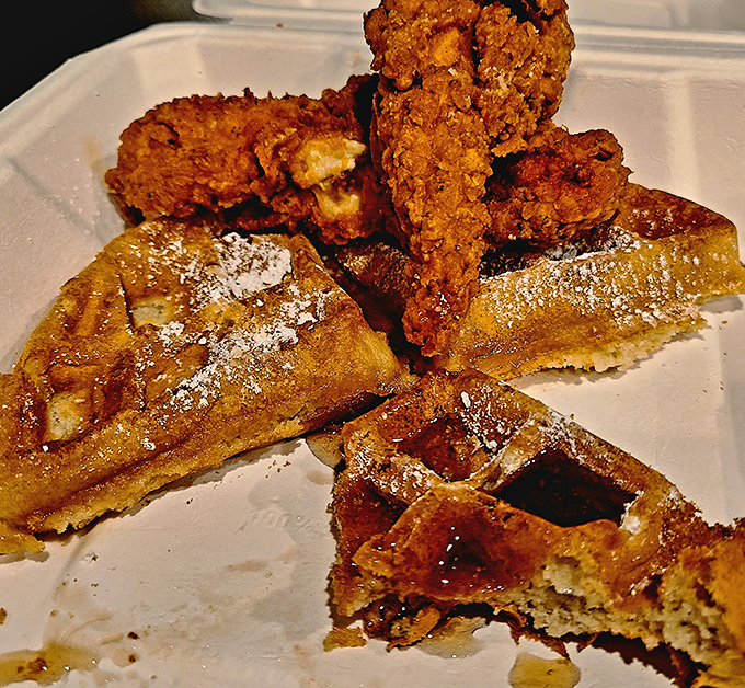 The sweet-savory tango of chicken and waffles—where breakfast and dinner forget their differences and create culinary harmony.