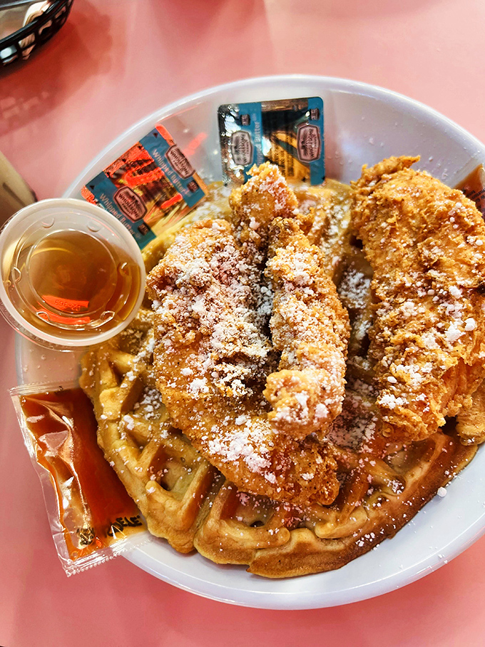 Chicken and waffles: where breakfast and dinner have a delicious identity crisis that nobody wants to resolve. Sweet, savory, and utterly magnificent.