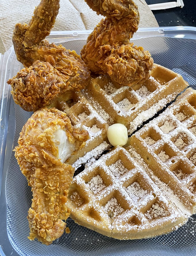 The holy matrimony of crispy and fluffy. If this chicken and waffle combo were a band, it would have platinum albums.