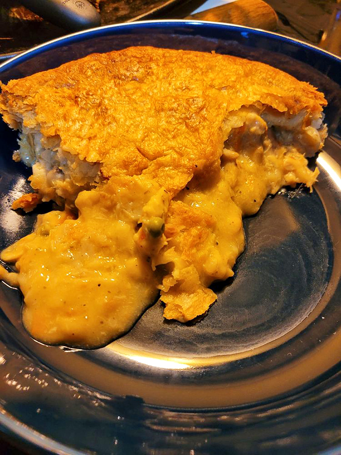 The chicken pot pie in all its glory—where the filling-to-crust ratio achieves mathematical perfection that would make Einstein weep.
