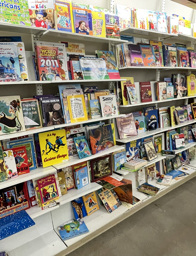 Children's books creating rainbow walls of literary adventures for young minds to explore endlessly.