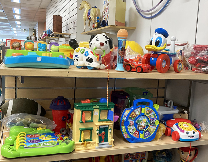 Childhood classics that don't require batteries or Wi-Fi. That spotted dog looks like he's waiting for a second chance at playtime. 