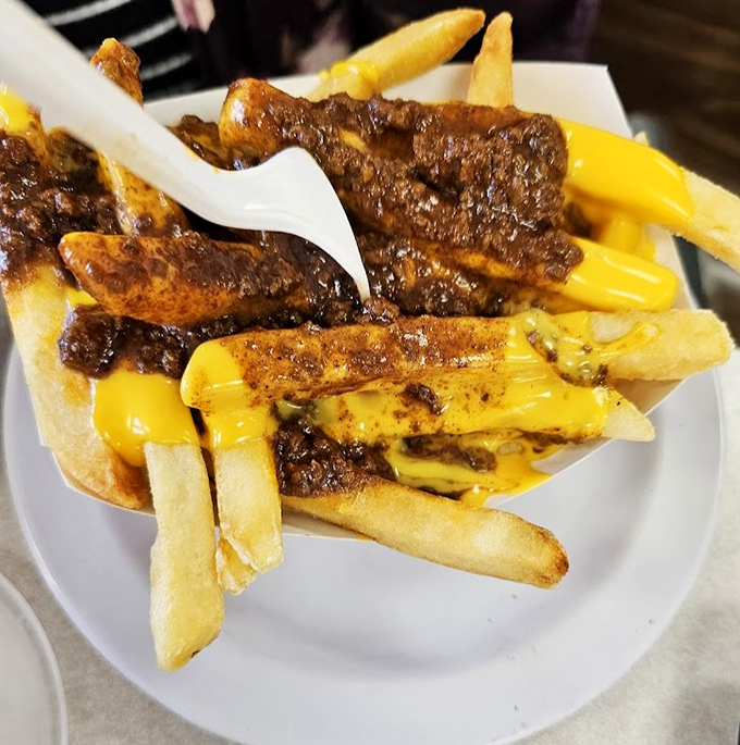 Chili cheese fries that look like they escaped from your most indulgent dreams and landed on your plate.