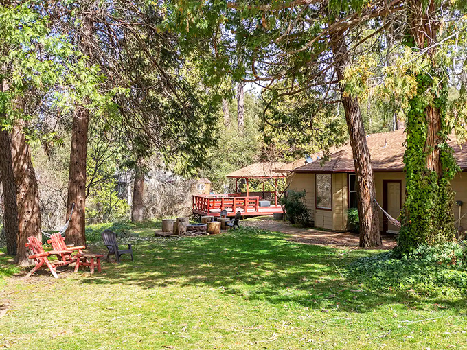 Mountain homes nestle among ancient oaks like they've always belonged in this serene landscape.