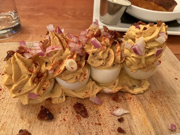 Deviled eggs elevated to art form status. These aren't your grandmother's potluck staples&mdash;unless your grandmother was secretly a culinary genius.