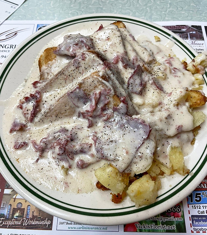 Chipped beef on potatoes: Pennsylvania's answer to comfort food. Not winning any beauty contests, but definitely winning hearts one creamy, savory bite at a time.