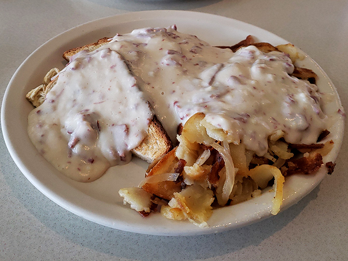 Creamy chipped beef cascading over toast&mdash;what grandparents affectionately called "S.O.S." but tastes like a warm hug on a cold morning.