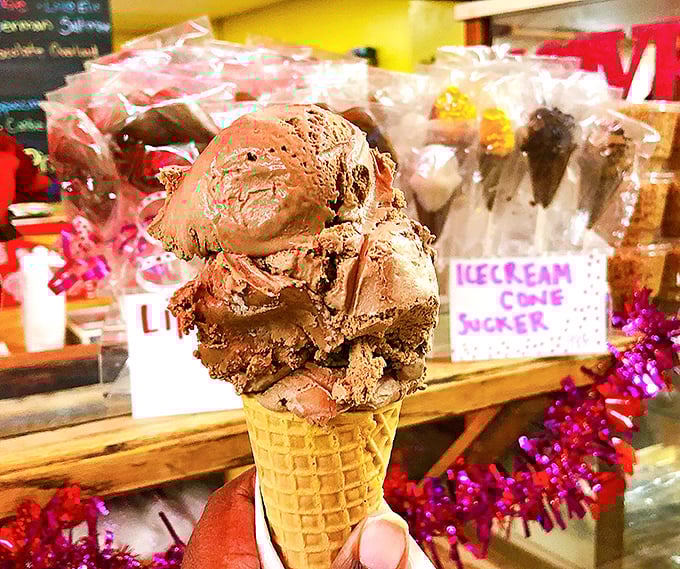 Ice cream scooped with conviction, not hesitation. This chocolate masterpiece in a waffle cone is what childhood dreams are made of.
