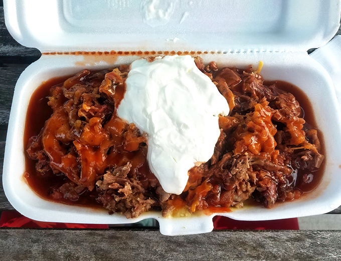 Chopped brisket with a dollop of cool cream – like a barbecue sundae that makes you question why anyone would ever choose ice cream instead.