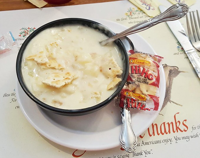 Clam chowder that doesn't need New England's permission to be spectacular, served with crackers for the perfect crunch companion.