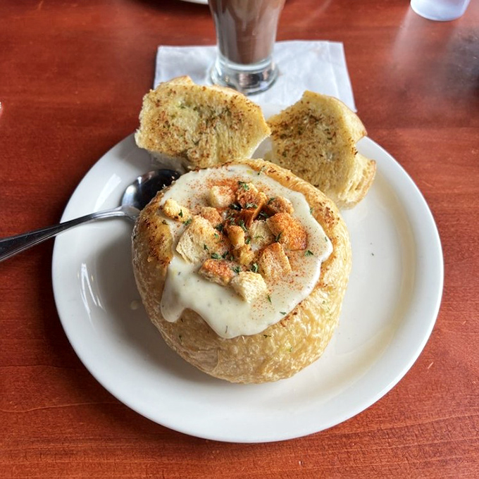 Clam chowder served in a bread bowl: California's answer to the question, "Can comfort food have a view?"