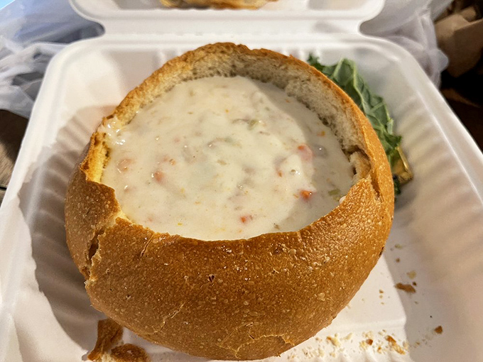 Clam chowder served in a bread bowl &ndash; because sometimes more carbs is the answer.