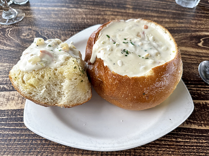 Clam chowder served in a sourdough bread bowl—California's delicious answer to the age-old question: "Can I eat my dishes?"
