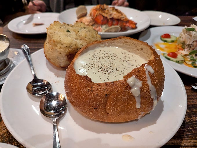 The legendary clam chowder in its sourdough throne. This isn't just soup&mdash;it's a warm, creamy hug in a bread bowl.
