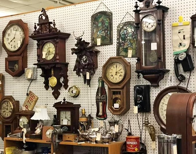 Time literally stands still in this corner of cuckoos and grandfathers. Each clock face tells a different story from a different decade.