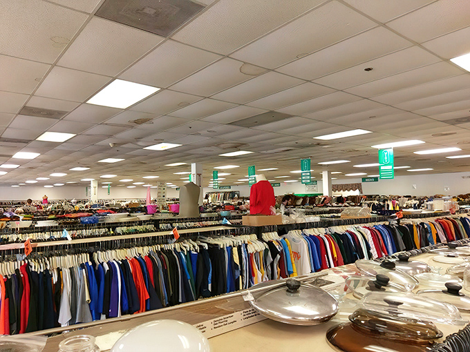Rainbow rows of clothing create a textile tapestry that would make Marie Kondo both thrilled and terrified. Every color, every era, every style imaginable.