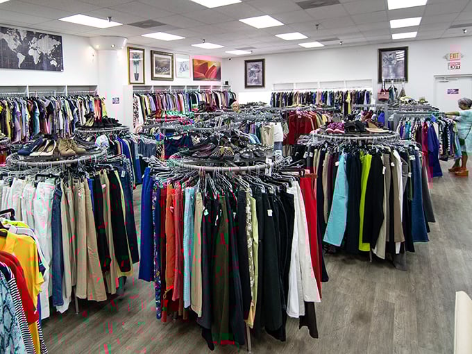 A sea of clothing possibilities stretches before you, each rack a different chapter in the "How to Look Fabulous for Less" handbook.