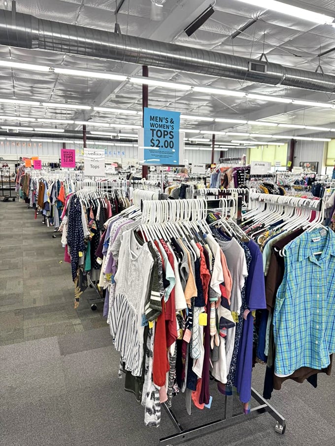Racks upon racks of clothing treasures where $2 can transform your wardrobe faster than any celebrity stylist on a budget show.
