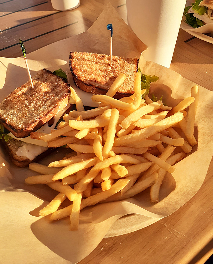 Golden-toasted bread, crispy fries, and that indescribable satisfaction of eating a well-executed sandwich while waves crash below.