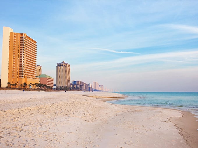 Sugar-white sands meet azure waters along PCB's 27-mile coastline, where your social security check stretches as far as the horizon.