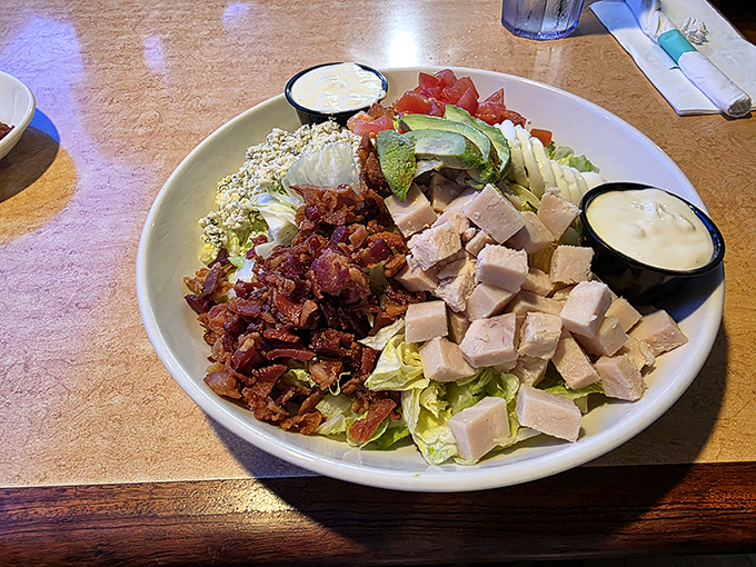 This Cobb salad arrives like a perfectly organized rainbow of fresh ingredients begging to be devoured.